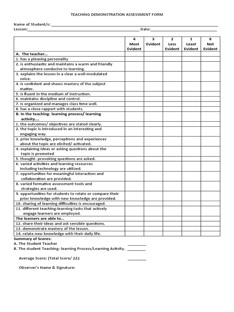 Teacher Demonstration Assessment Form | PDF