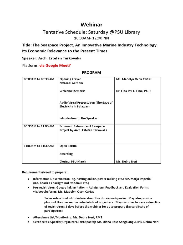 Webinar: Tentative Schedule: Saturday @PSU Library | PDF