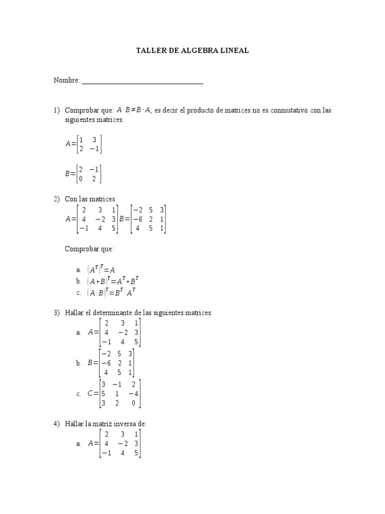 Taller de Algebra Lineal - Matrices | PDF | Matriz (Matemáticas ...