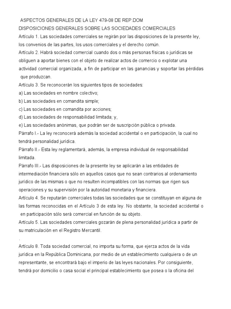 Aspectos Generales de La Ley 479-08 | PDF | Sociedad de responsabilidad ...