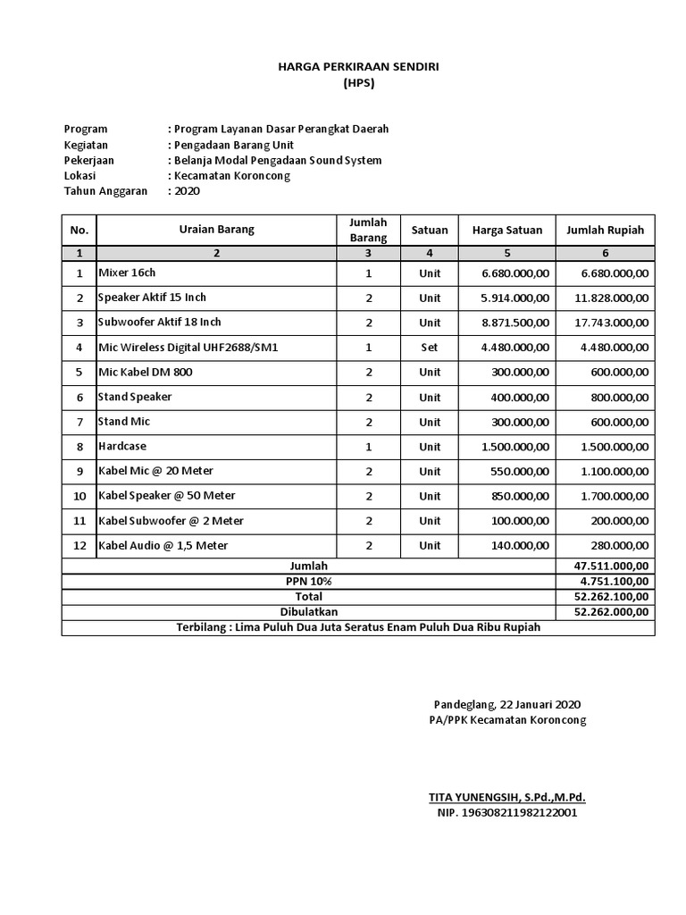 Harga Perkiraan Pengadaan Sound System | PDF