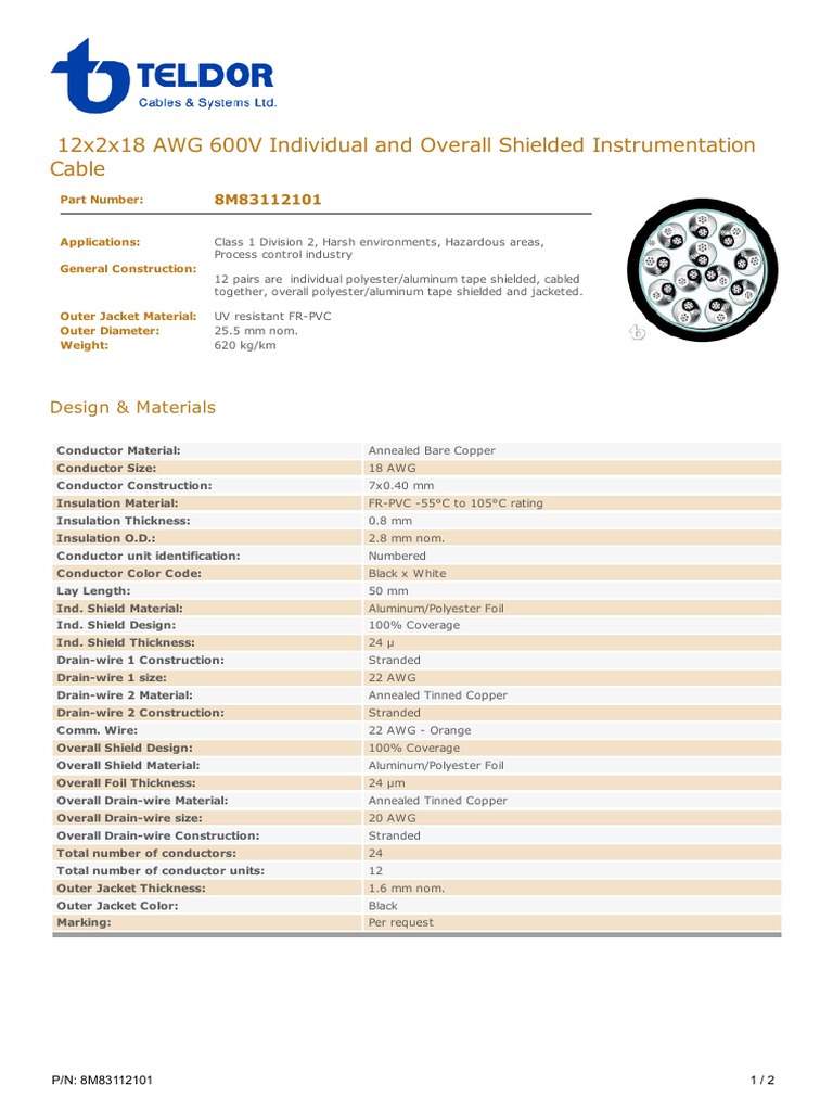 12x2x18 AWG 600V Individual and Overall Shielded Instrumentation Cable ...