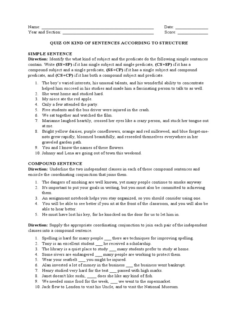 Sentence Structure Quiz and Answers | PDF | Language Arts & Discipline ...