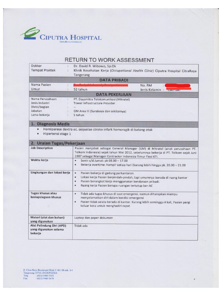 Contoh Return To Work Assessment | PDF