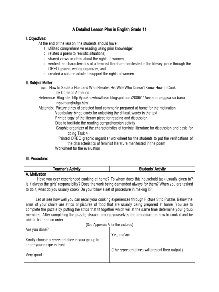 A Detailed Lesson Plan in English Grade 11 | PDF | Gender | Gender Studies