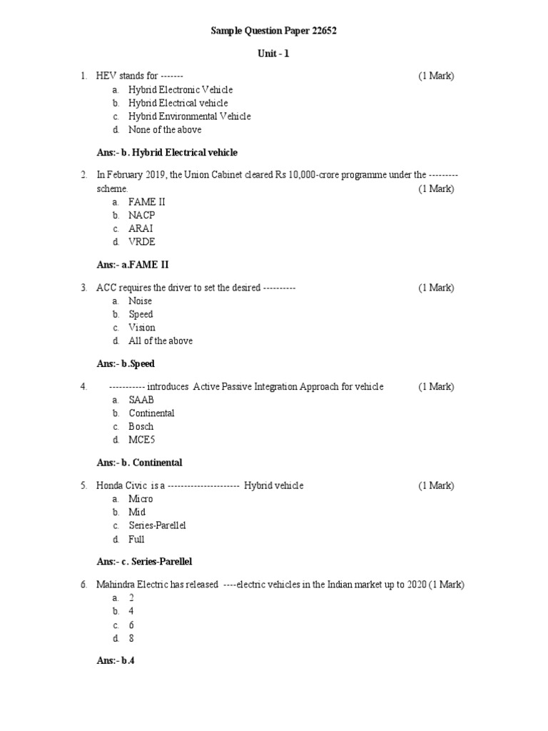 Sample Question Paper 22652 Unit - 1 | PDF | Hybrid Vehicle | Energy ...