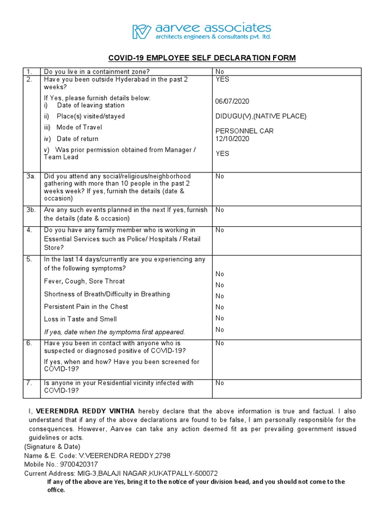 Covid-19 Employee Self Declaration Form: If Yes, Date When The Symptoms ...
