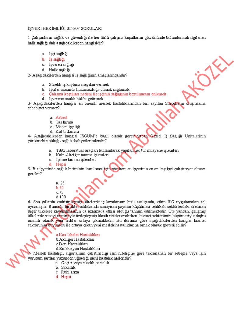 İşyeri̇ Heki̇mi̇ Örnek Sinav Sorulari | PDF