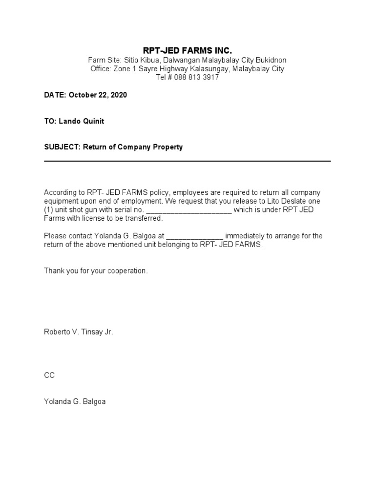 October 22 Letter For Return of Company Property JED | PDF