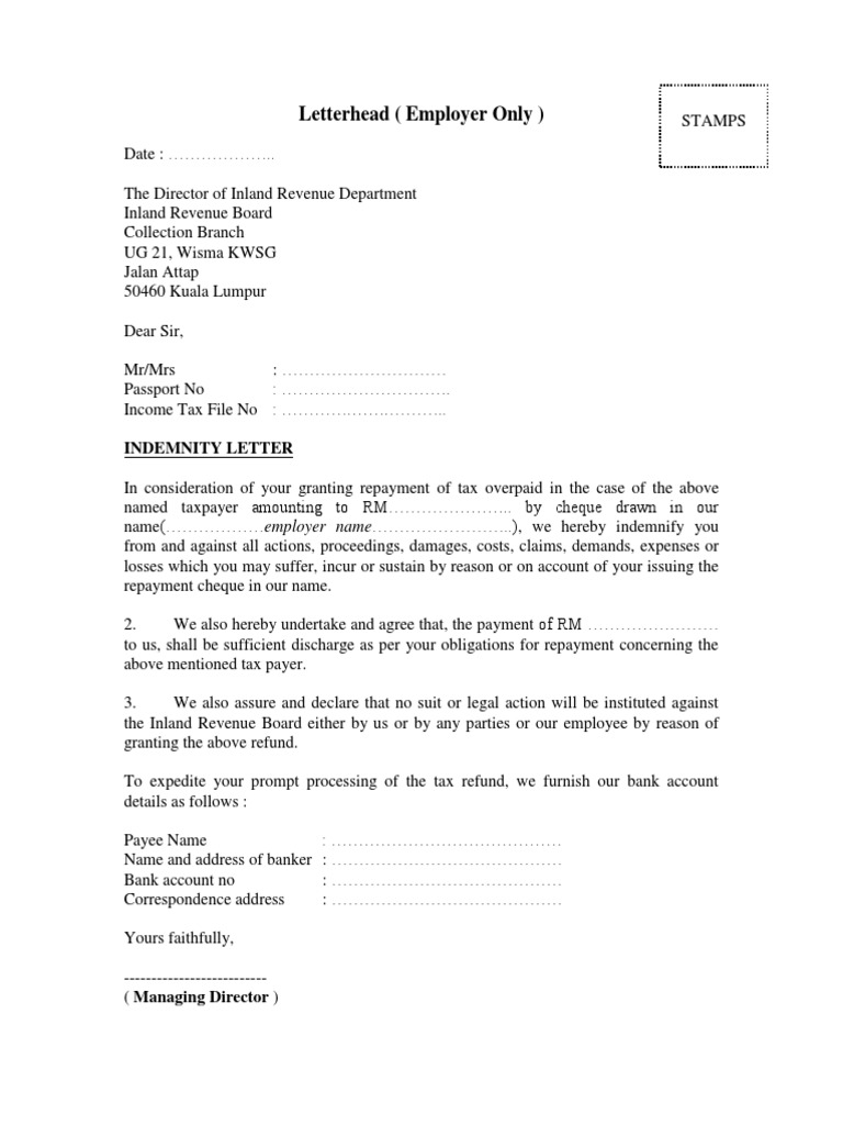 Letterhead (Employer Only) : Indemnity Letter | PDF | Finance & Money ...
