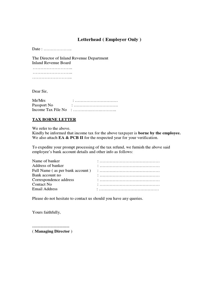 Letterhead (Employer Only) : Tax Borne Letter | PDF