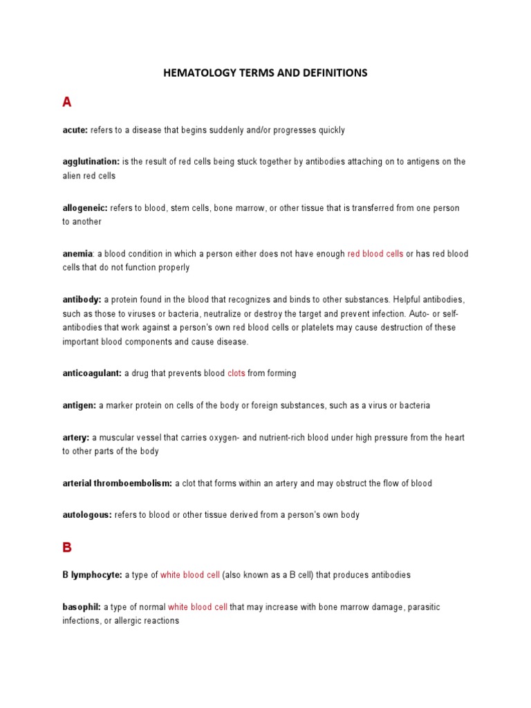 Hematology Terms and Definitions | PDF | White Blood Cell | Blood