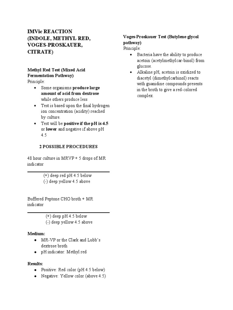 Imvic Reaction (Indole, Methyl Red, Voges-Proskauer, Citrate) | PDF
