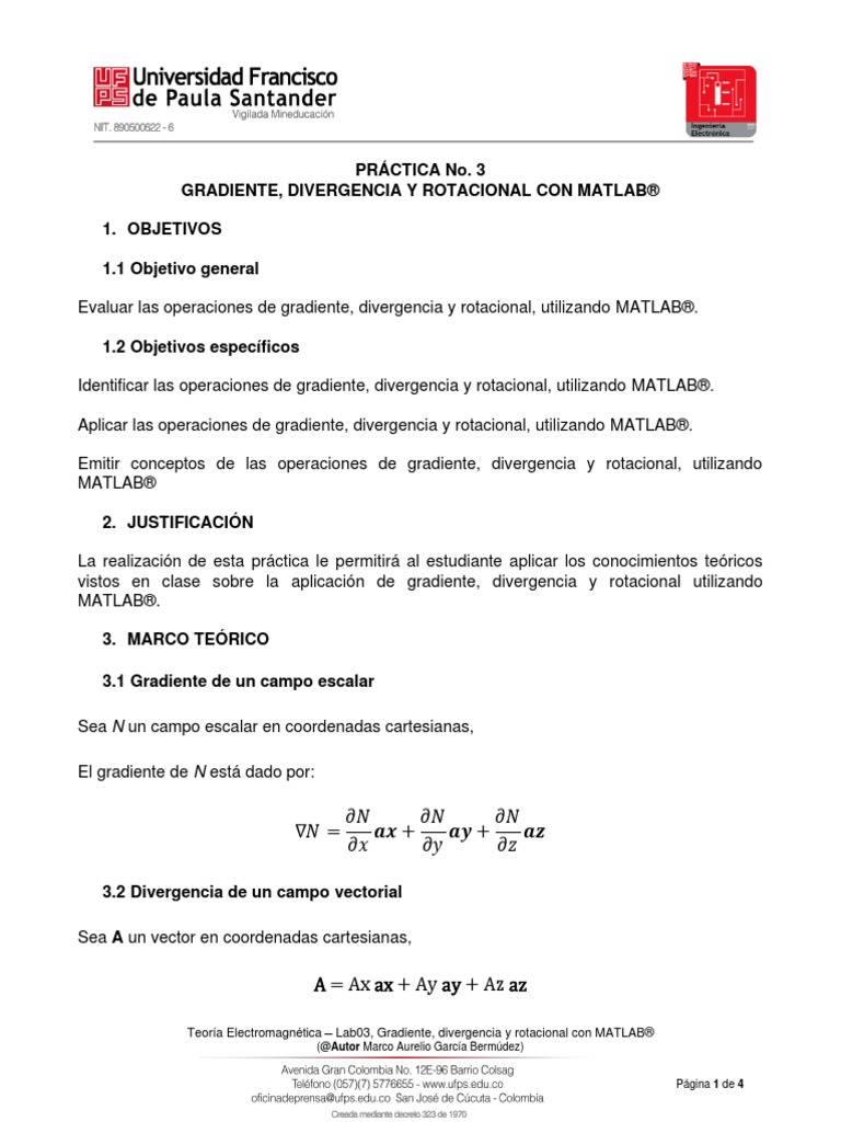 TE, Lab03 - Gradiente, Divergencia y Rotacional Con Matlab PDF | PDF ...