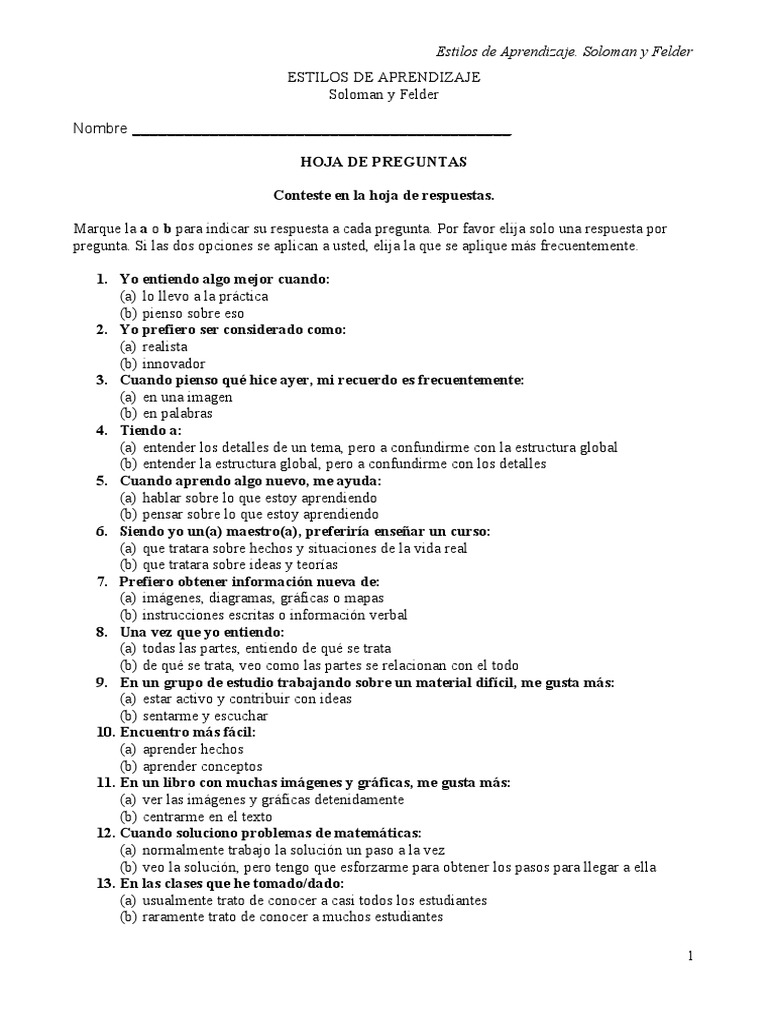 Instrumento Estilos Aprendizaje. Soloman y Felder | PDF | Aprendiendo ...