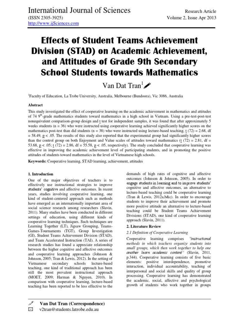 Effects of Student Teams Achievement Division (STAD) | PDF | Experiment | Teachers