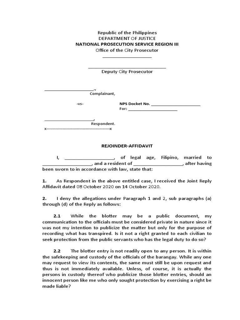 Sample Rejoinder Affidavit OCP | PDF | Defamation | Justice