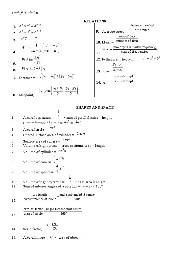 Math Formula List | PDF | Area | Circle