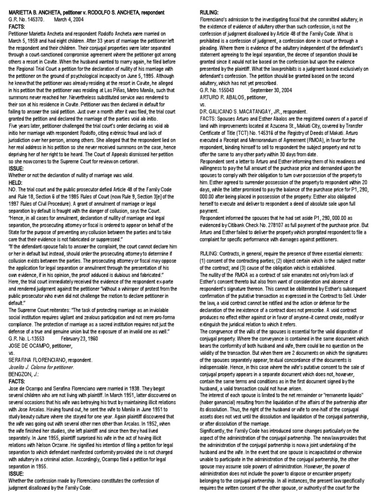 PFR Case Digests Based On Syllabus | PDF | Concurrent Estate | Annulment
