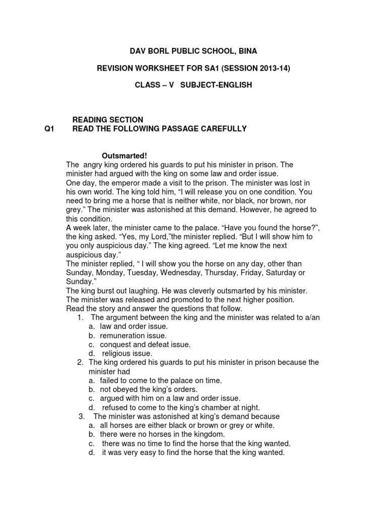 CBSE Class 5 English Worksheet - Unseen Passage | PDF