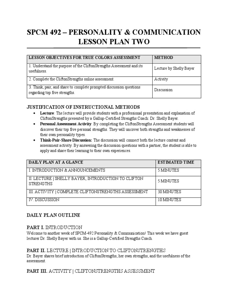 SPCM 492 - Personality & Communication Lesson Plan Two: Justification ...