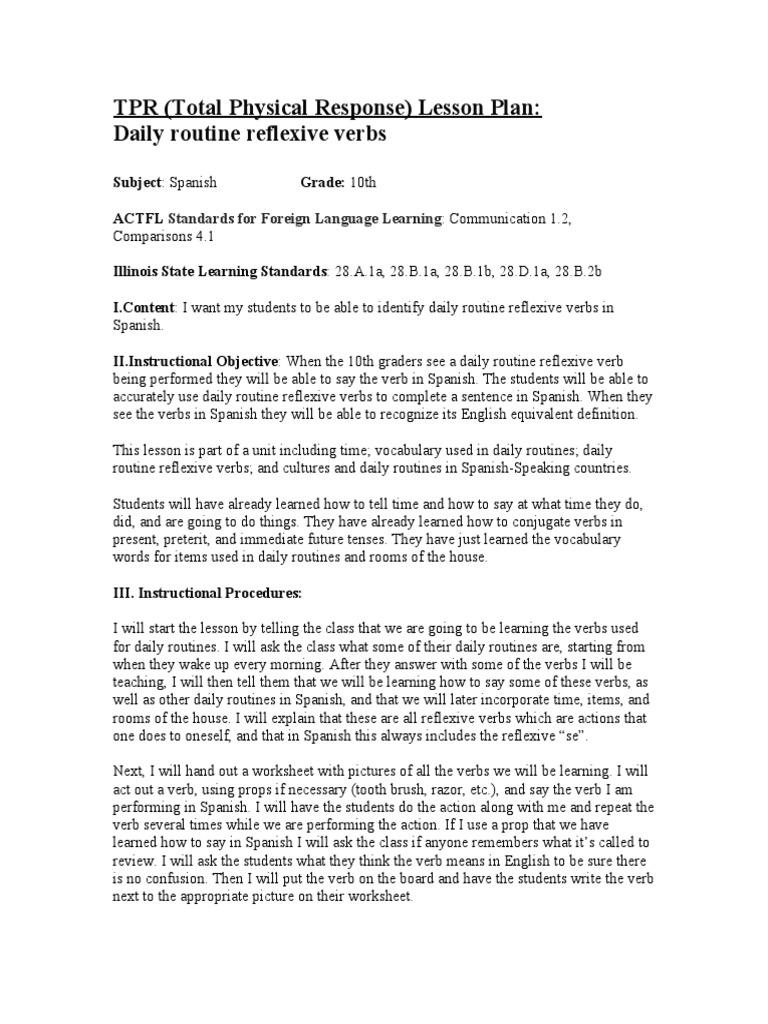 TPR (Total Physical Response) Lesson Plan: Daily Routine Reflexive ...