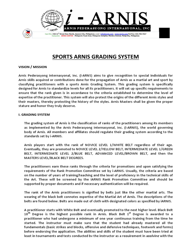 Sports Arnis Grading System: Vision / Mission | PDF