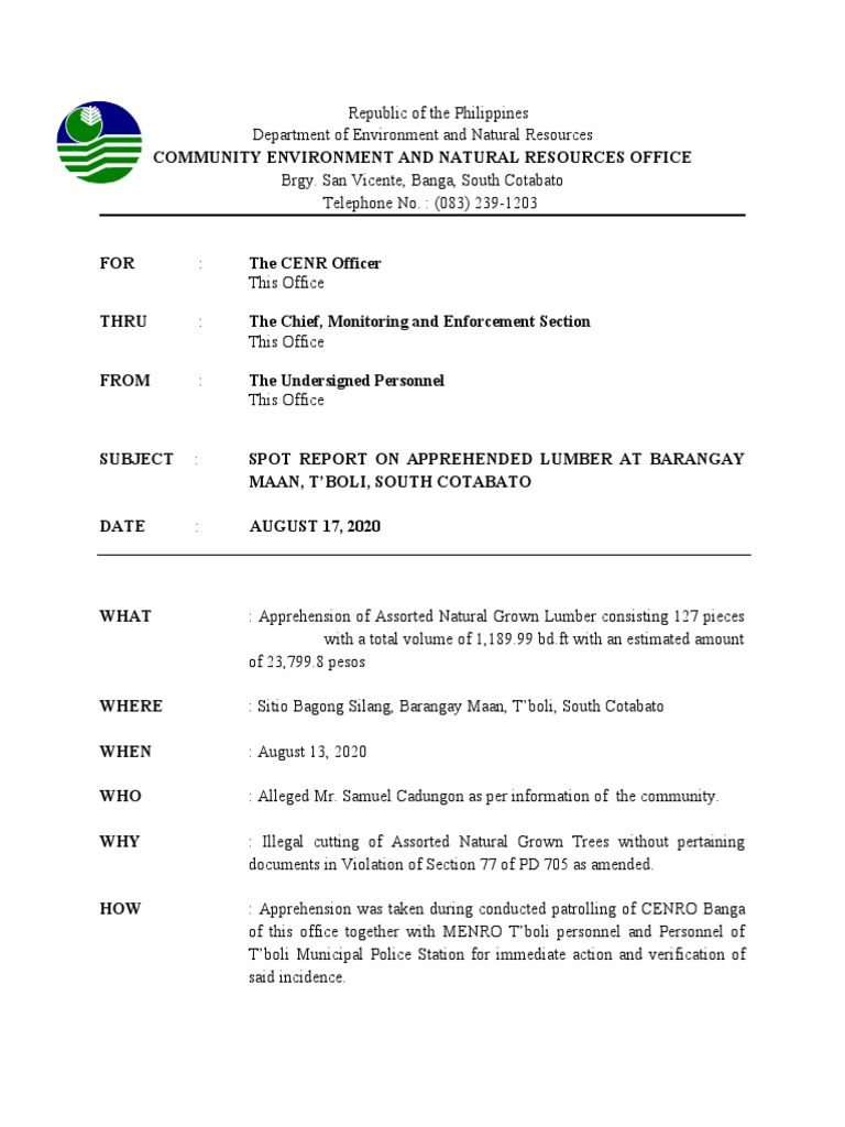 Sample Report For Apprehended Person in Violation of PD 705 | PDF ...