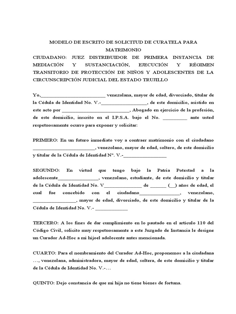 Modelo de Escrito de Solicitud de Curatela para | PDF | Divorcio | Virtud