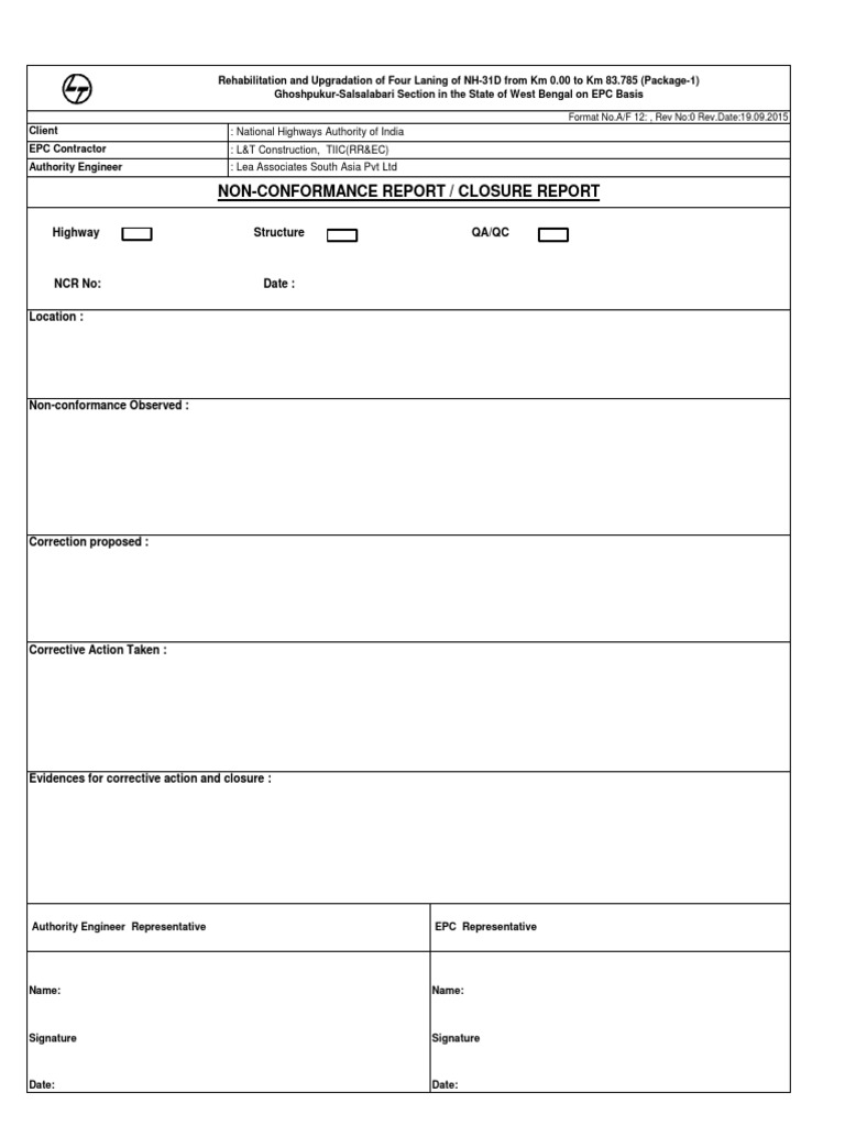 NCR Closure Report for NH-31D Project | PDF