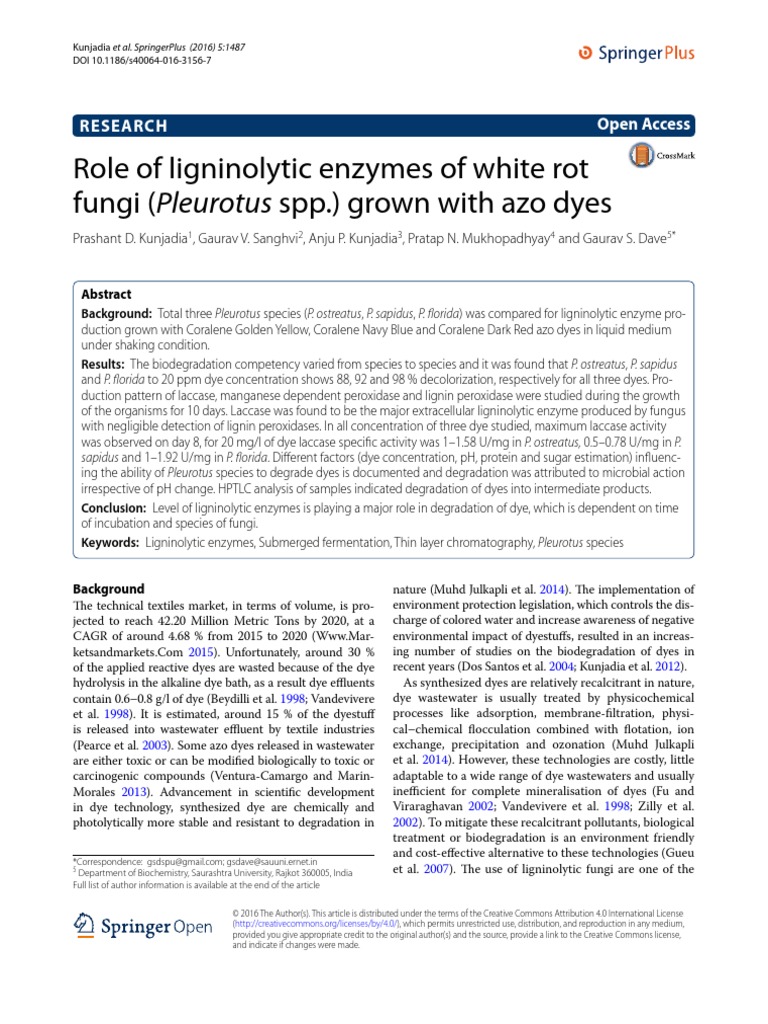 Role of Ligninolytic Enzymes of White Rot Fungi PL | PDF | Dye | Lignin