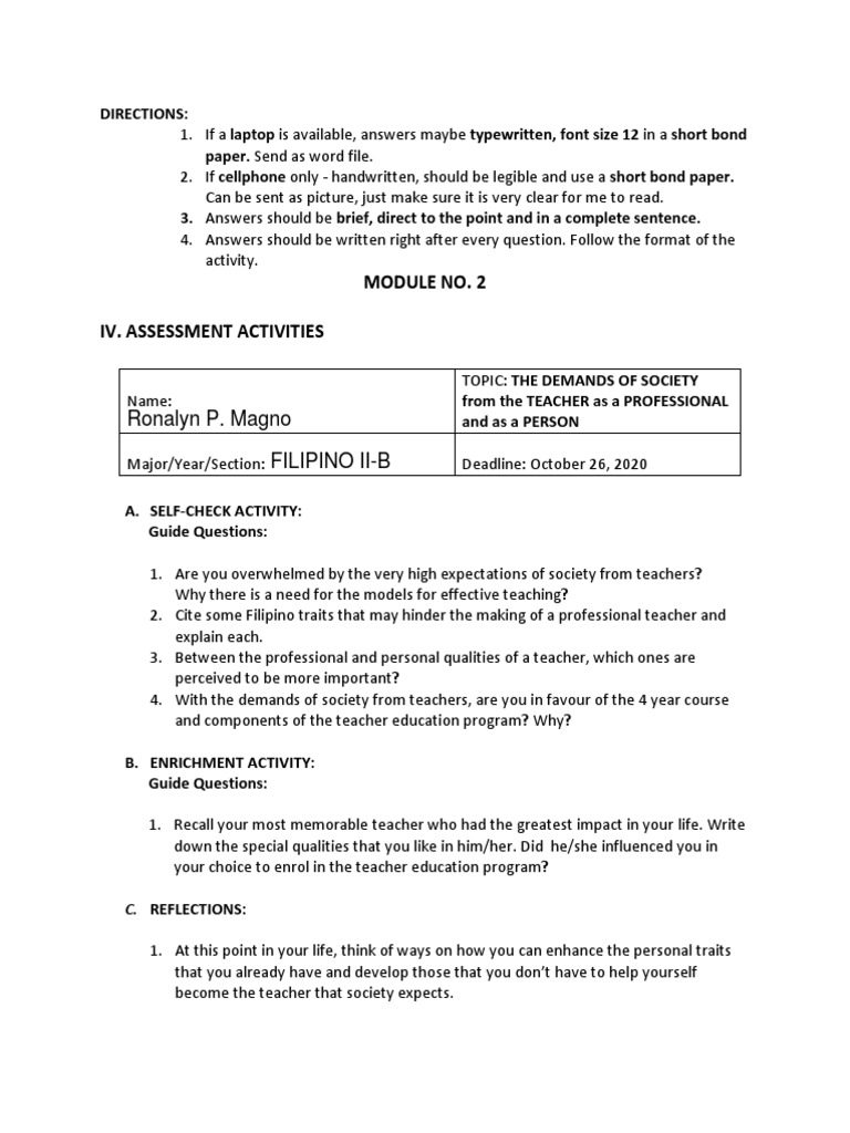 Module No. 2 Iv. Assessment Activities: Ronalyn P. Magno Filipino Ii-B | PDF