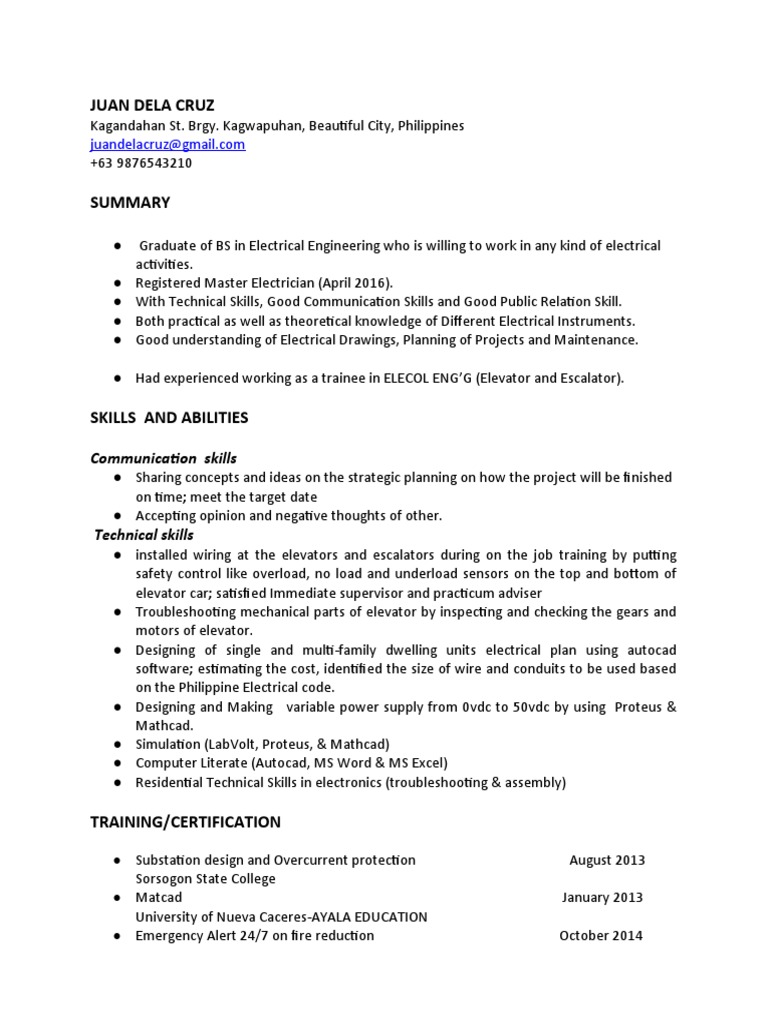Electrical Engineer Resume: Juan Dela Cruz | PDF | Elevator ...