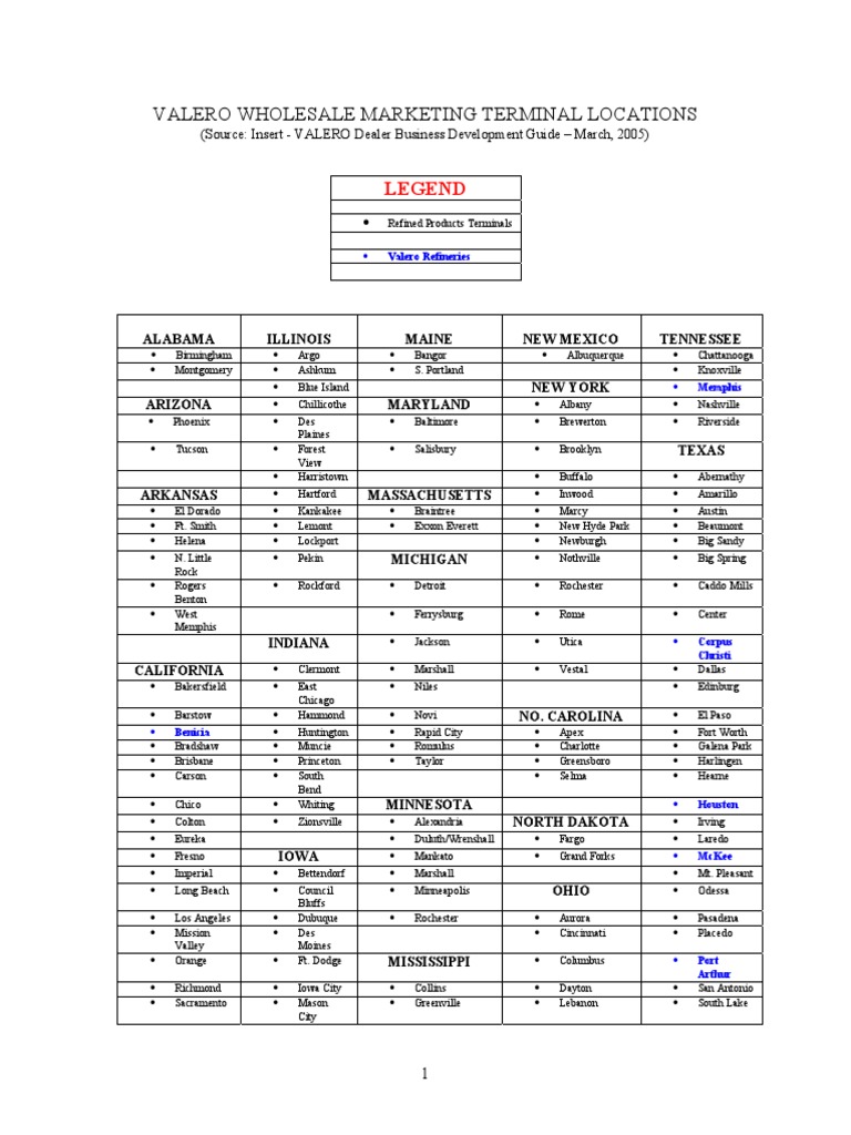 Valero Terminal Locations Guide | PDF | Midwestern United States | The ...