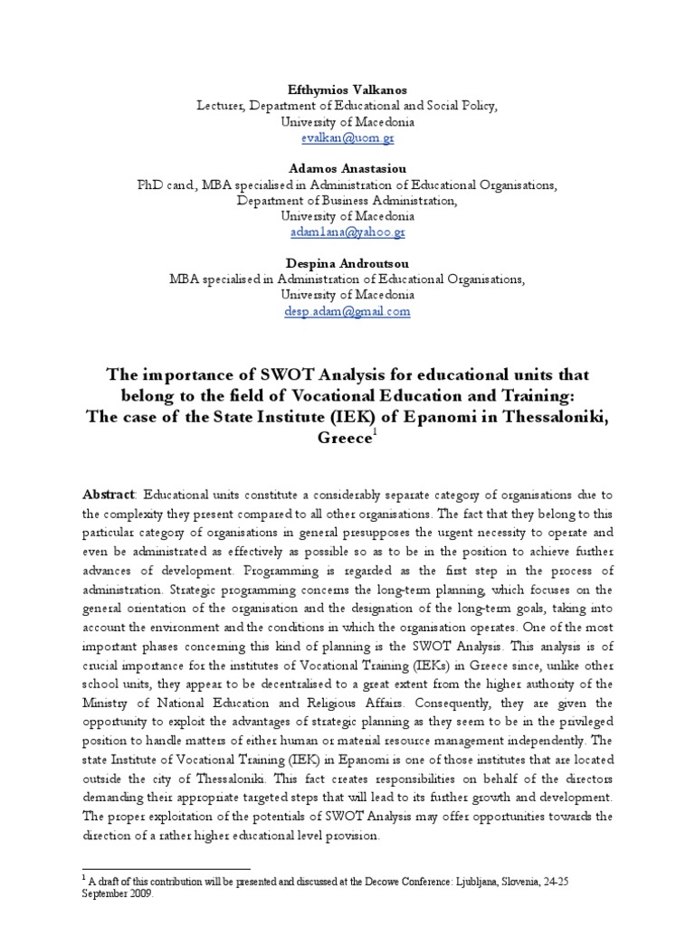 The Importance of SWOT Analysis For Educational Units That | PDF | Swot ...