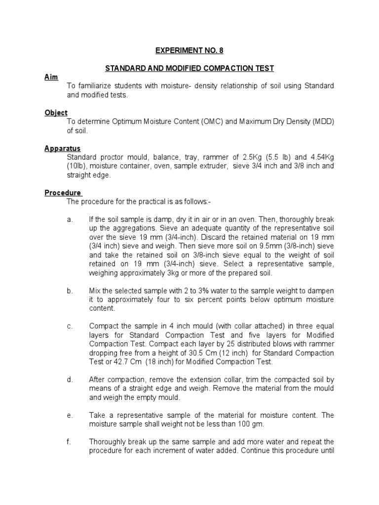 Experiment No. 8 Standard and Modified Compaction Test Aim | PDF | Soil ...