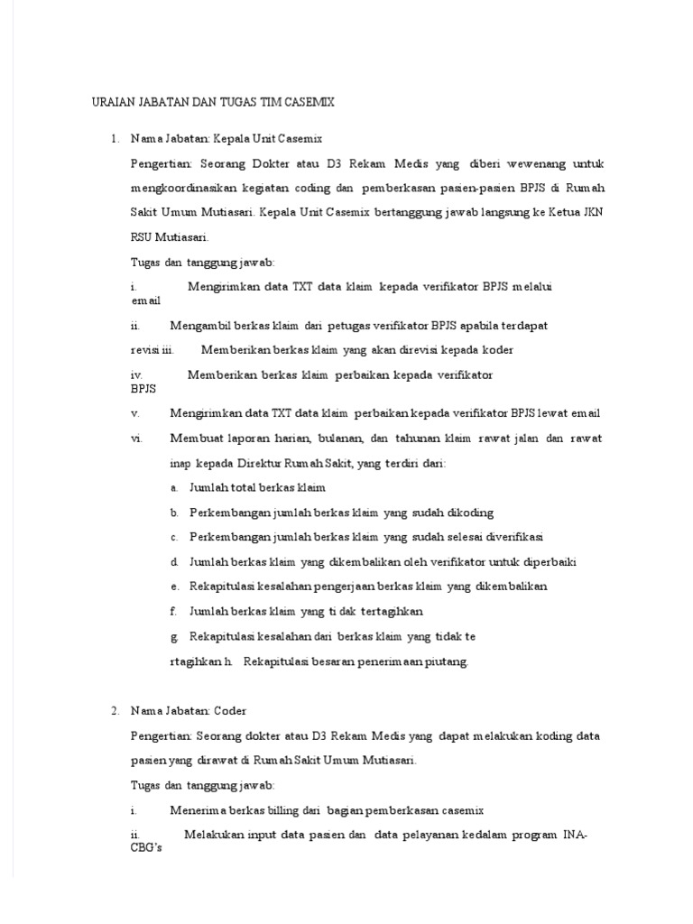 Uraian Jabatan Tim Casemix | PDF