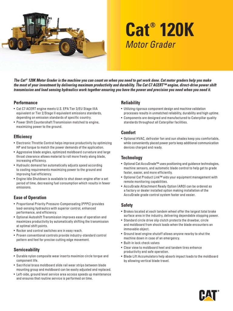 Cat 120K: Motor Grader | PDF | Horsepower | Transmission (Mechanics)