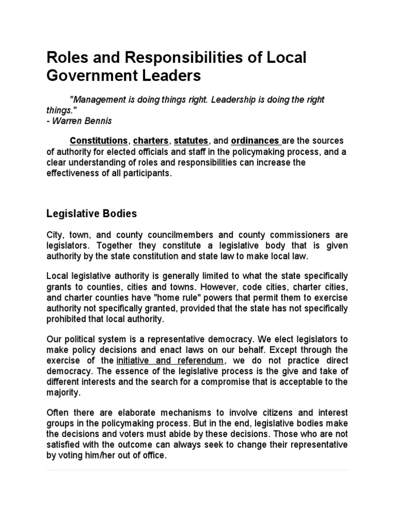 Roles and Responsibilities of Local Government Leaders: Legislative ...