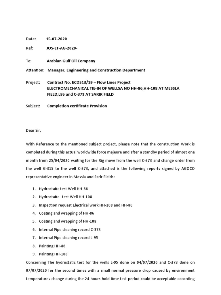 Completion Certificate Letter Request | PDF
