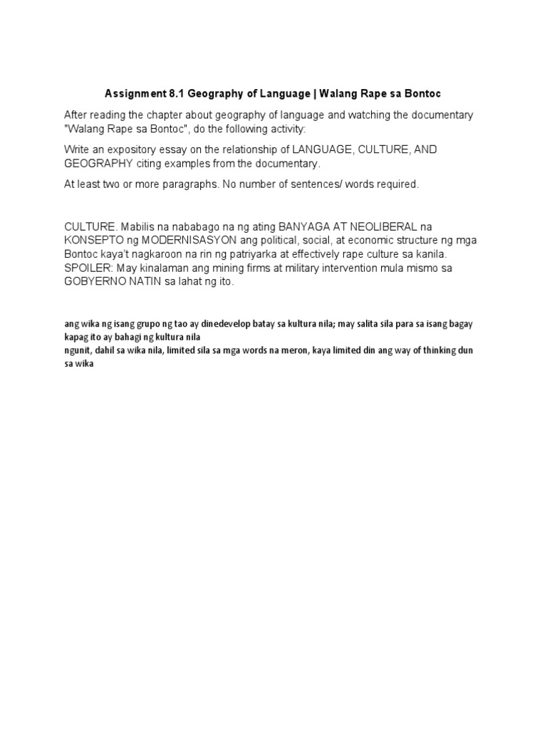 Assignment 8.1 Geography of Language Walang Rape Sa Bontoc | PDF