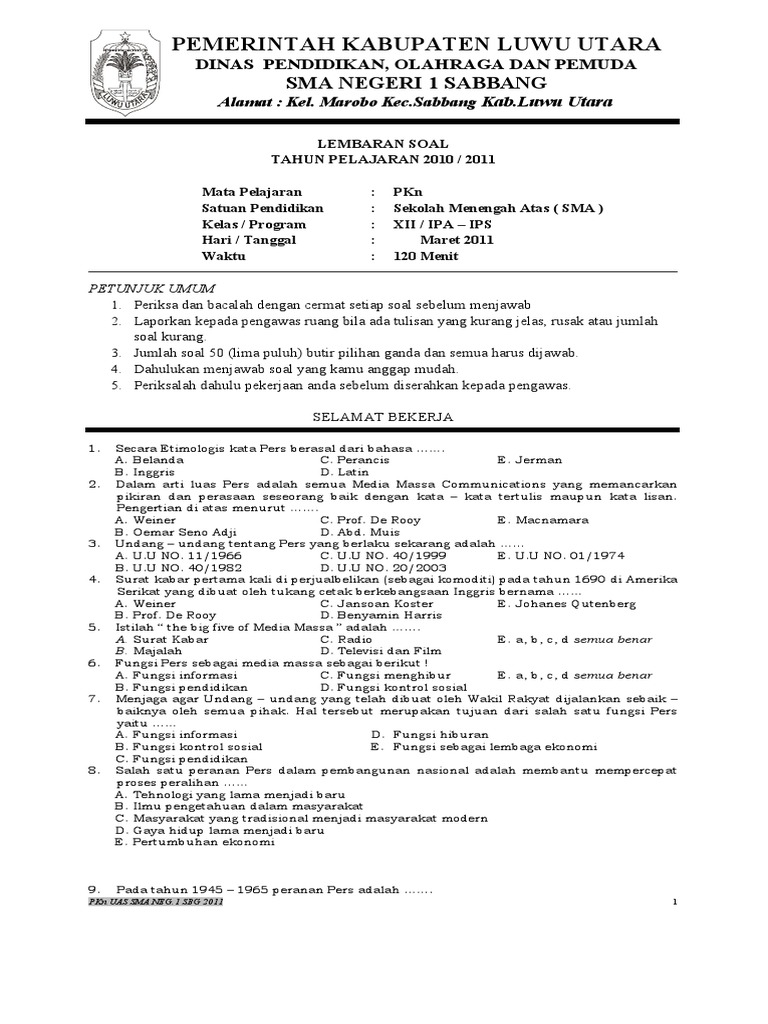 Soal PKN XII PIA-PIS | PDF