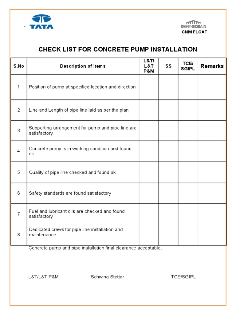 Concrete Pump Installation Checklist | PDF