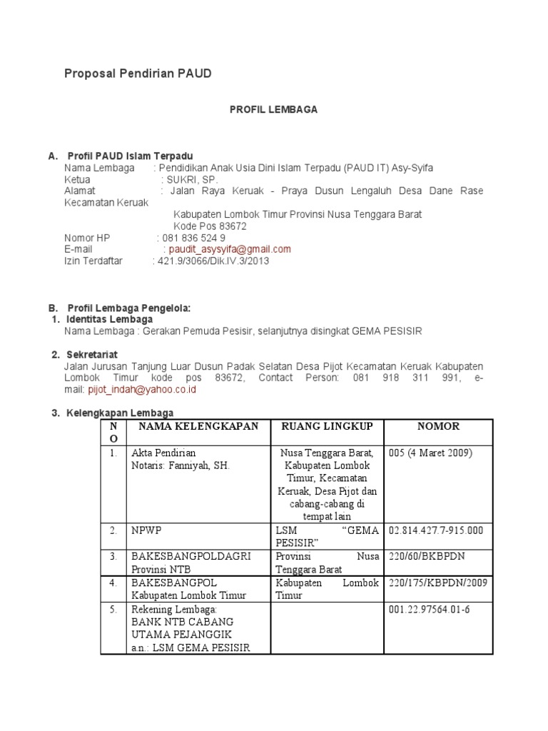 Proposal Pendirian PAUD | PDF