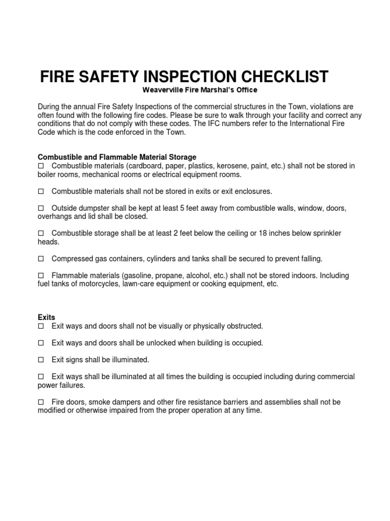 Fire Safety Inspection Checklist | PDF | Fire Safety | Fires