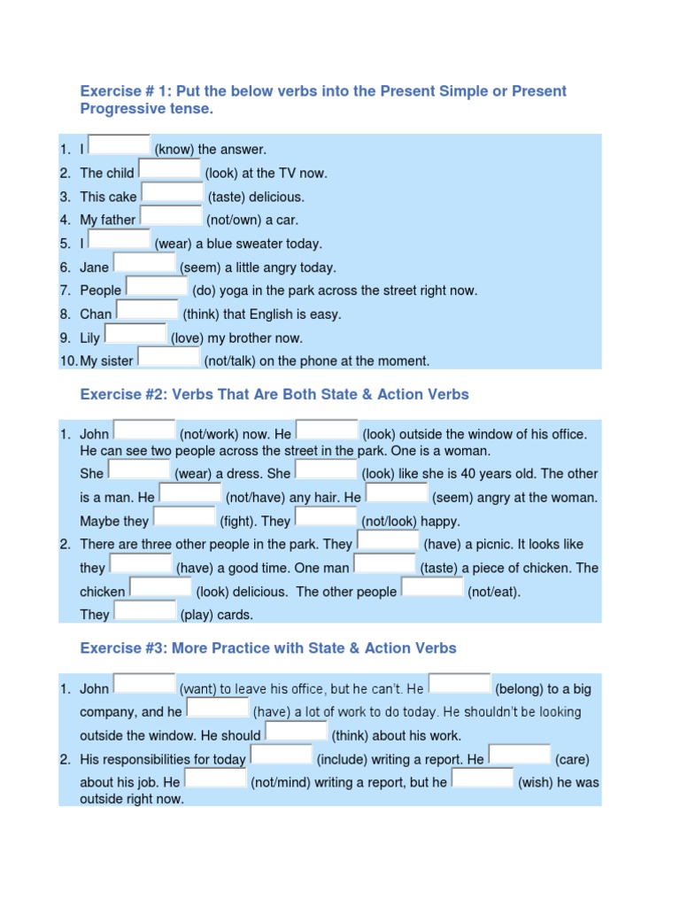 Action And Stative Verbs Exercise Pdf