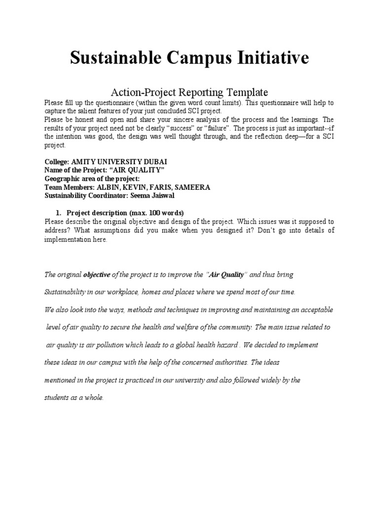 Sustainable Campus Initiative: Action-Project Reporting Template | PDF ...