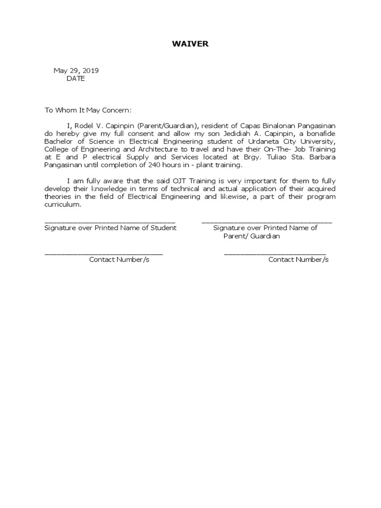 OJT WAIVER Sample | PDF