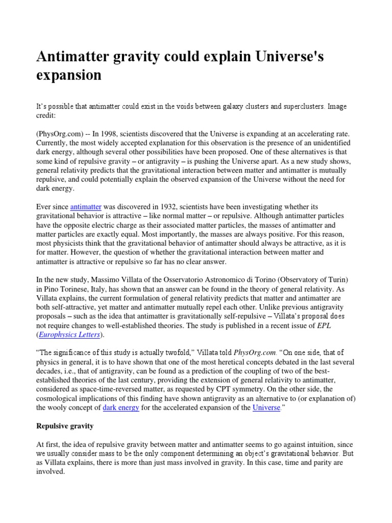Antimatter Gravity Could Explain Universe | PDF | Universe | Matter