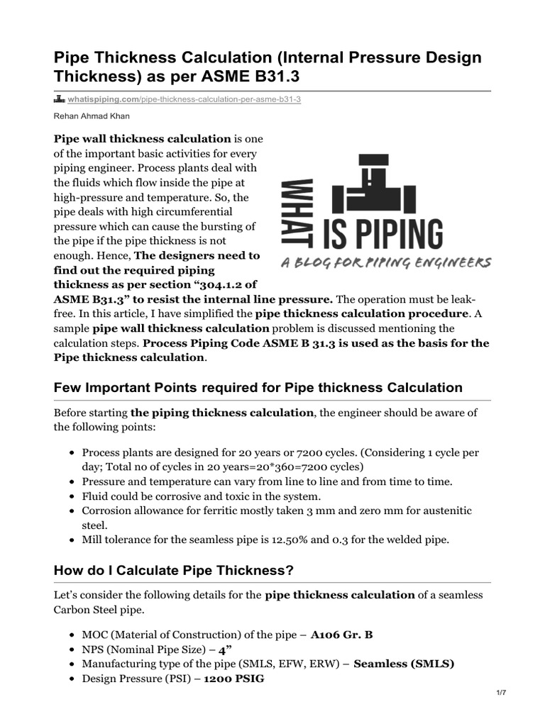 Pipe Thickness Calculation Internal Pressure Design Thickness As Per ...